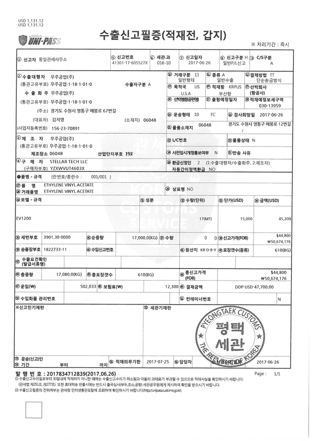 Export declaration certificate (KR)